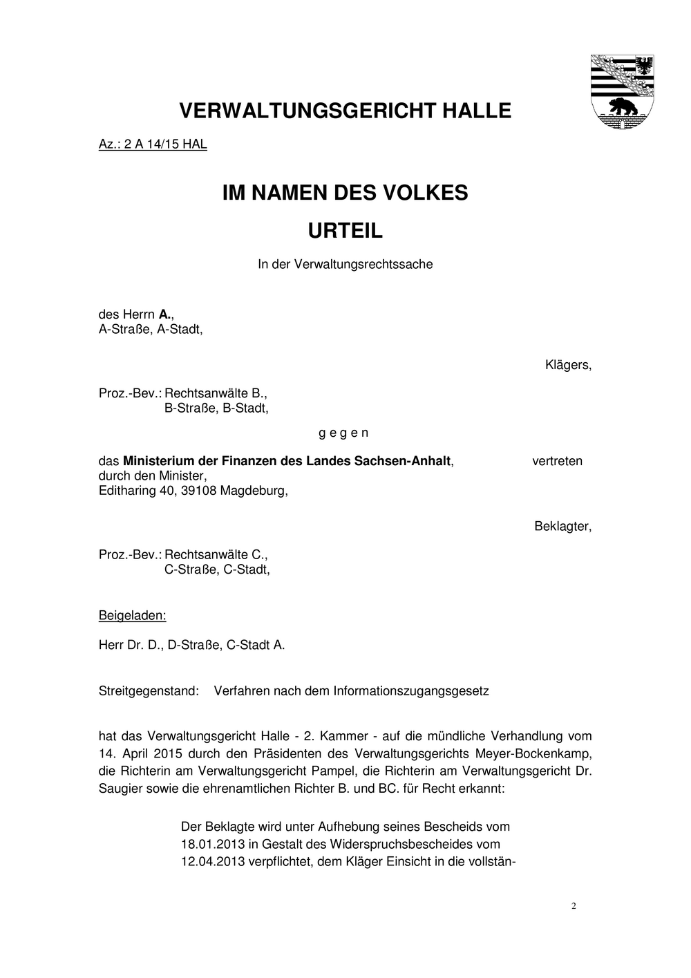 VERWALTUNGSGERICHT HALLE - FragDenStaat