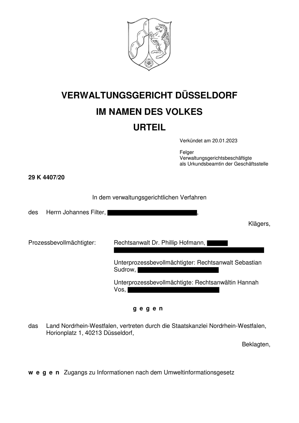 Urteil VG Düsseldorf 29 K 4407/20 - FragDenStaat