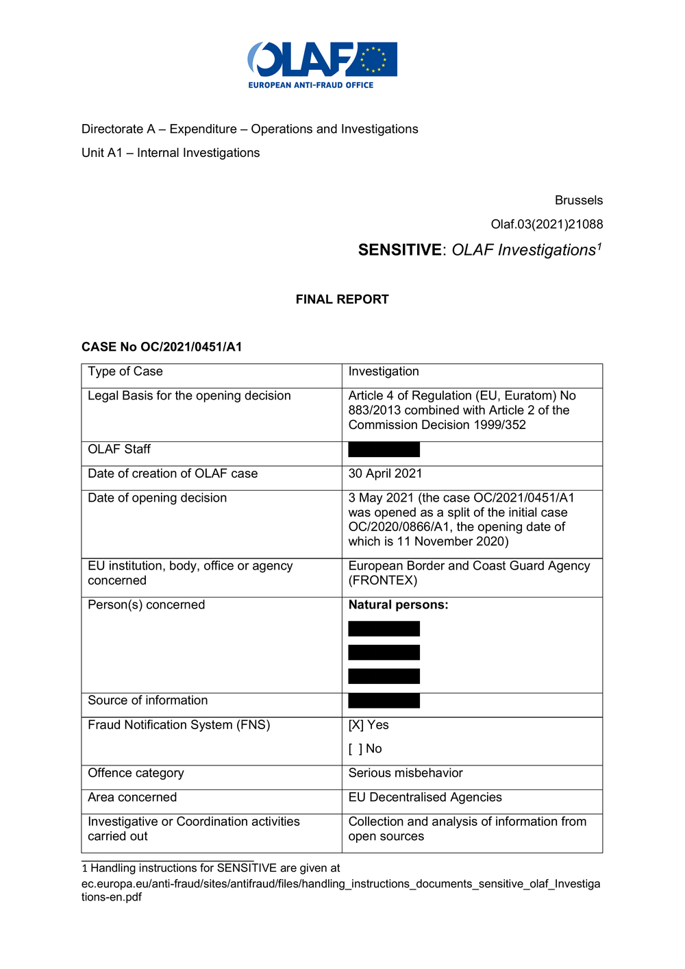 OLAF Final Report on Frontex - FragDenStaat