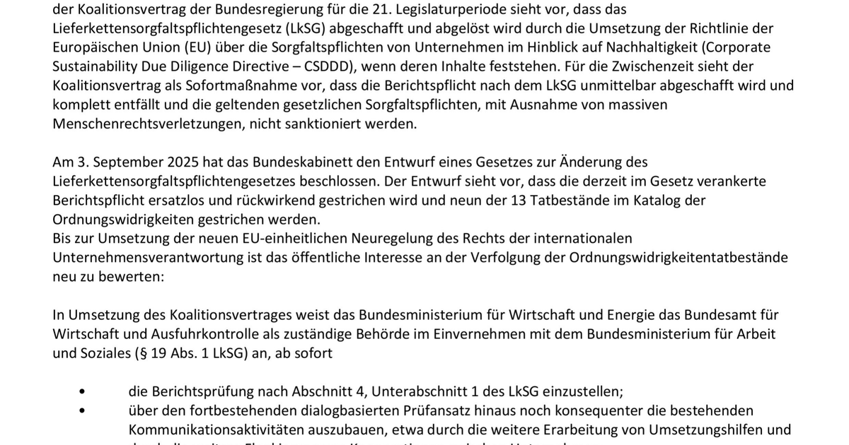Weisung des BMWE an das BAFA zur Zurückhaltung beim Lieferkettengesetz ...